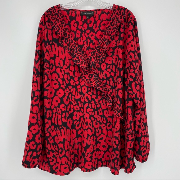 Lane Bryant | Tops | Lane Bryant Holiday Red Black Animal Print Ruffle ...